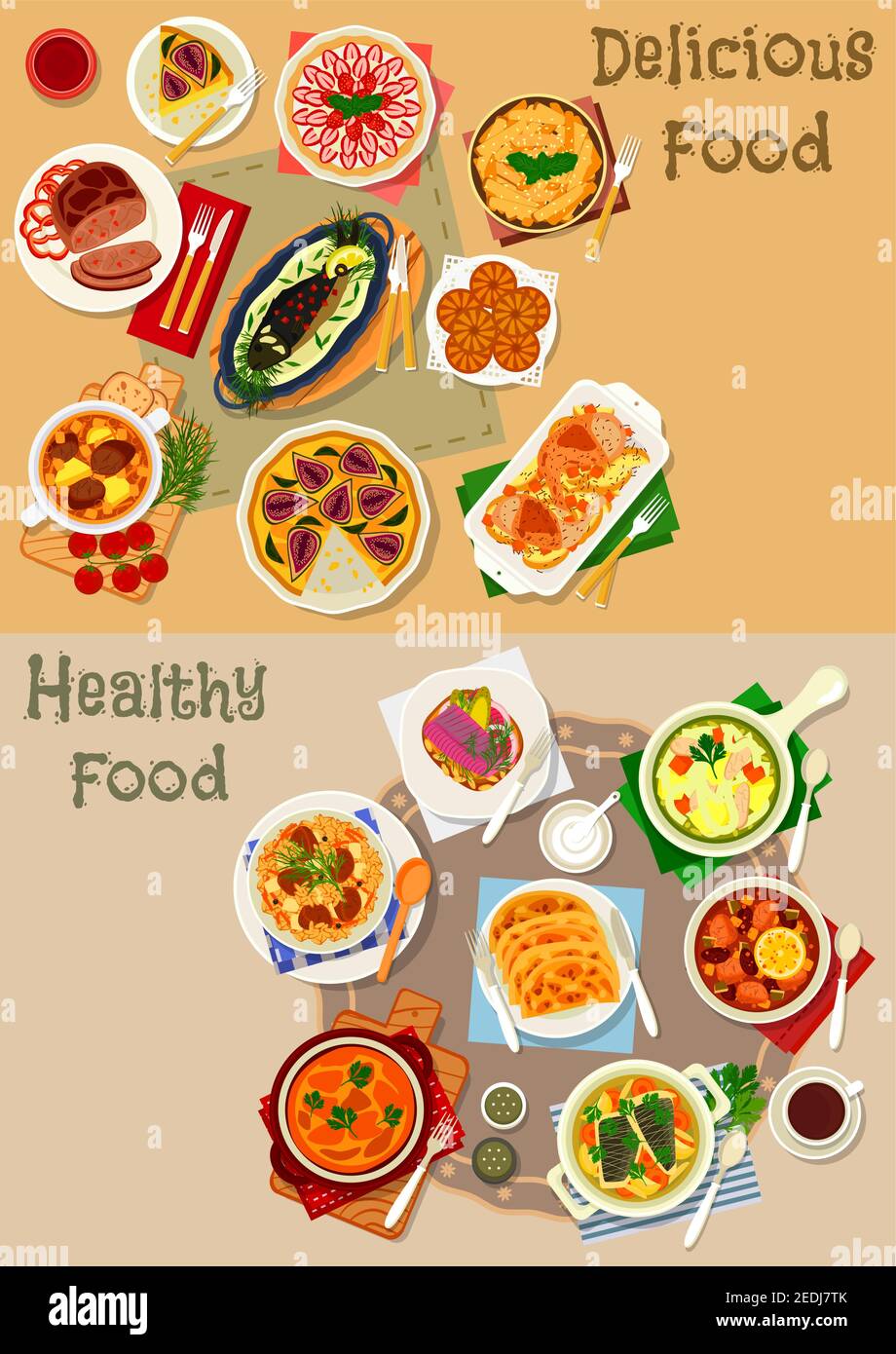 Tatar national cuisine icon set with baked chicken, fish and lamb ...