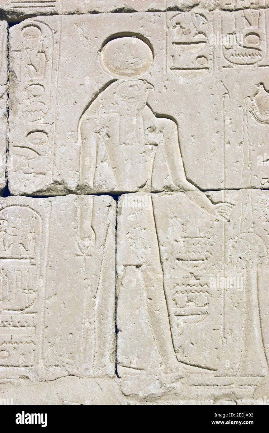 Stone carving of the Ancient Egyptian god Horus on a wall of the Temple ...