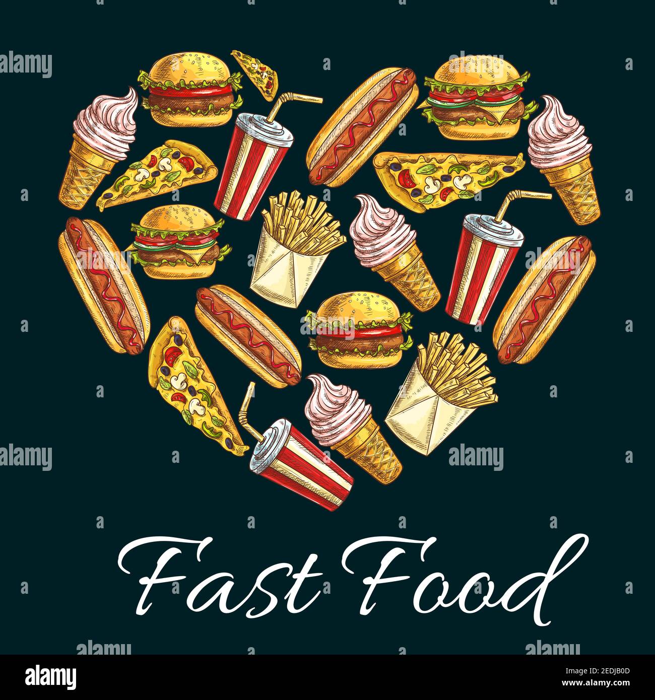 I love fast food heart shape emblem. Vector label of fast food snacks ...