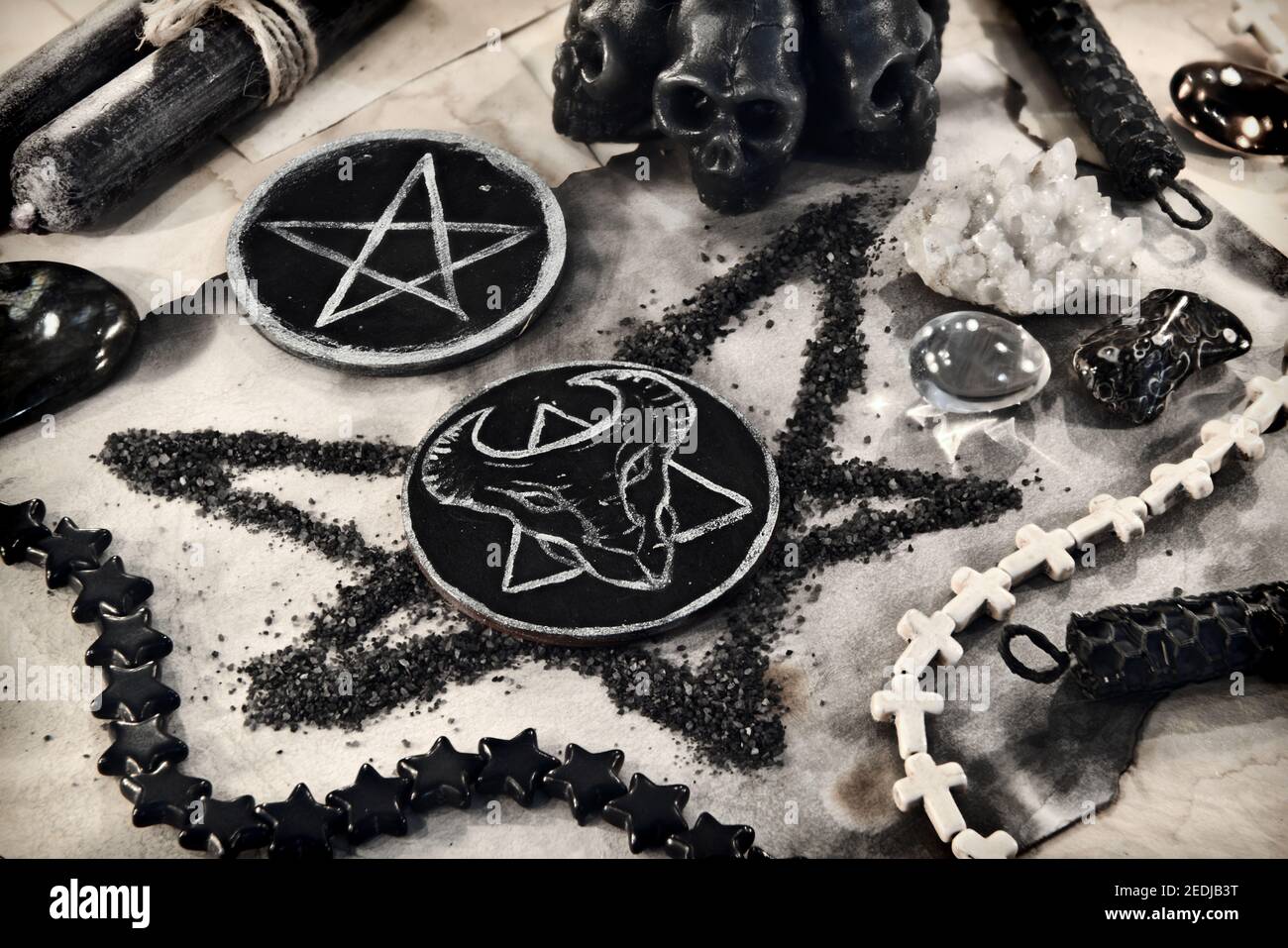 Scary symbols of devil and pentagram with scull candle and ritual ...