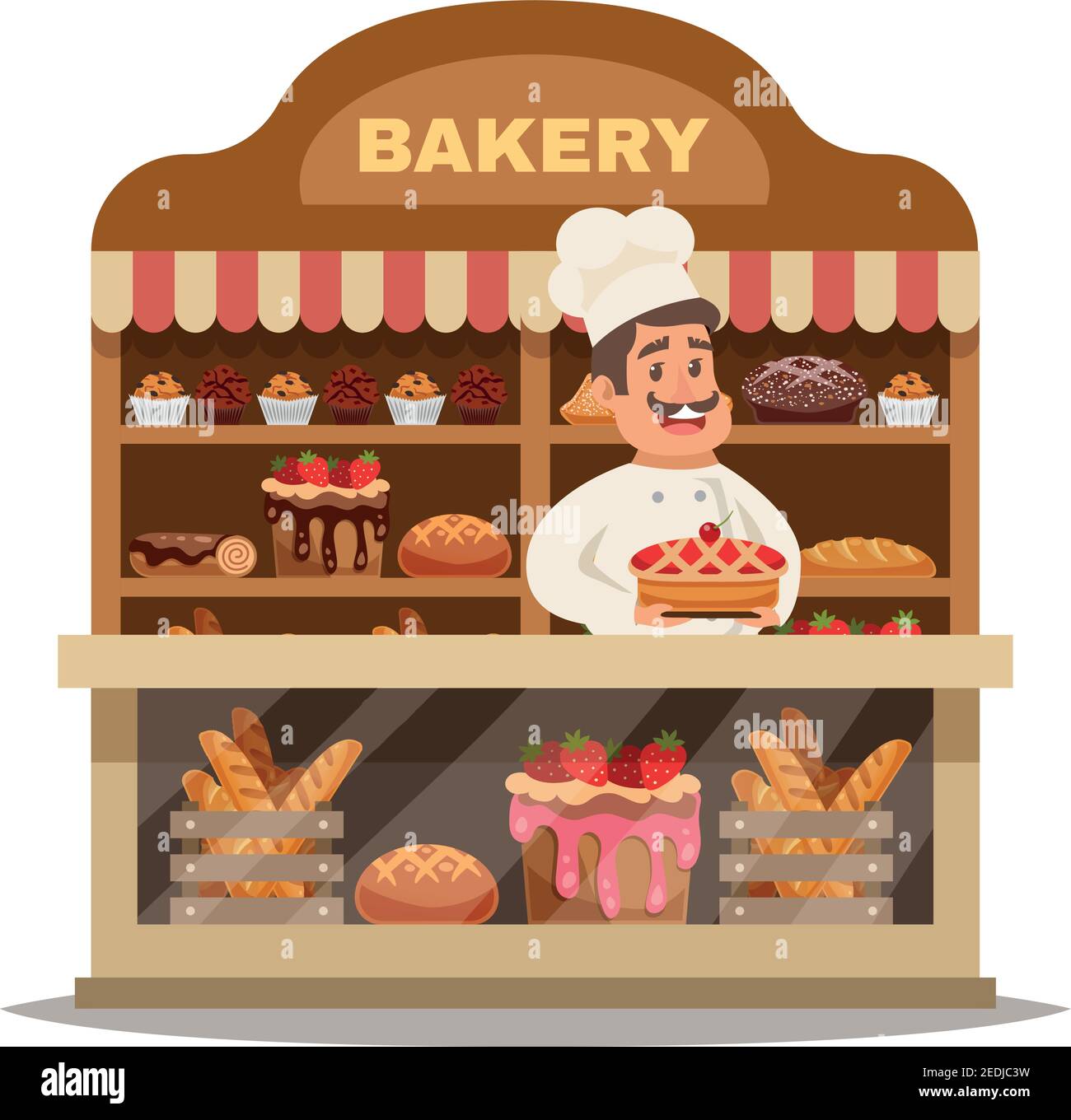 Bakery shop design concept with chef in hat standing behind the counter ...