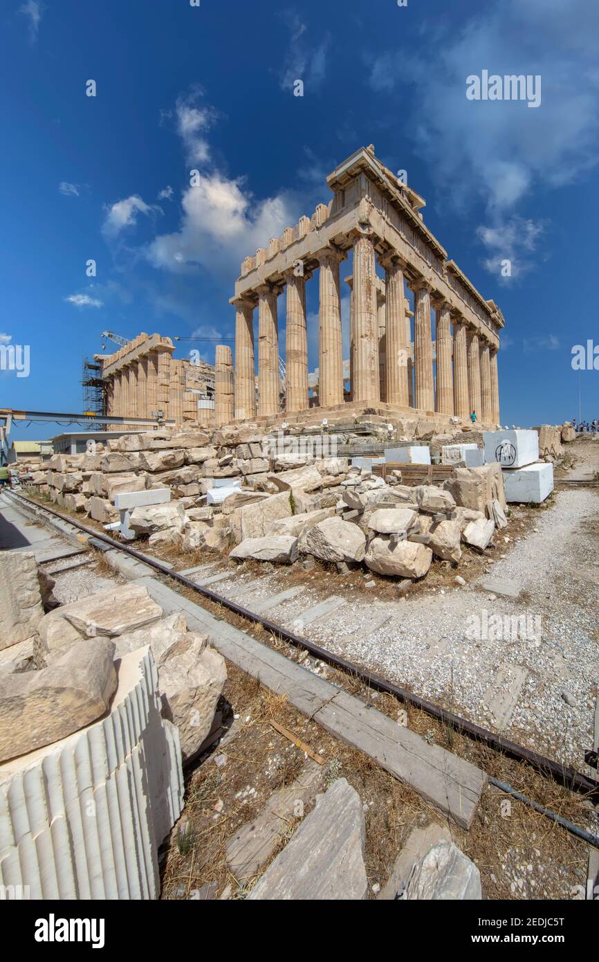 Parthenon temple in sunny day. Acropolis in Athens, Greece. The Parthenon is a temple on the ...