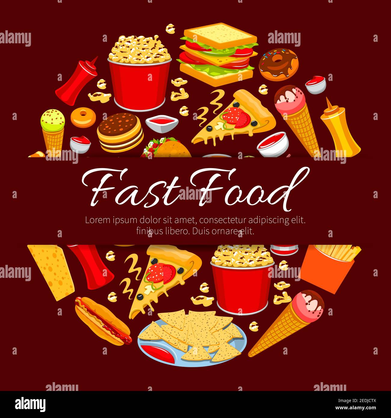 Fast food round symbol. Burger, hot dog, pizza, french fries, taco ...