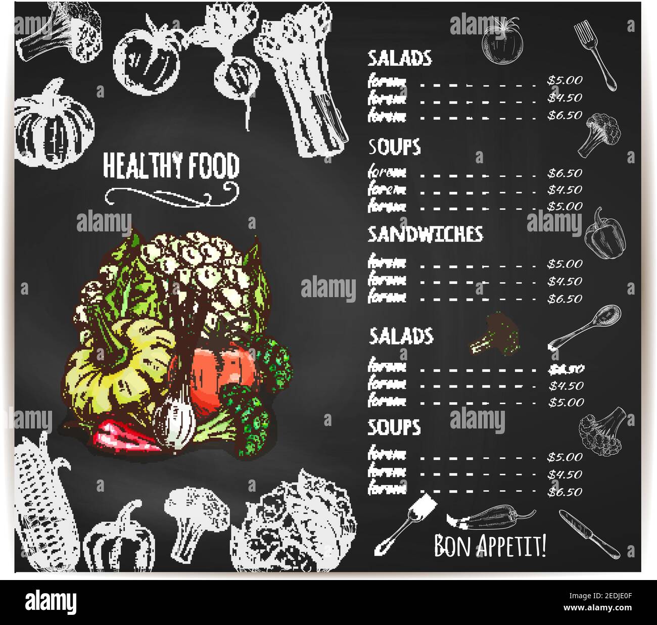 Vegetables sketch chalk menu on vector blackboard. Healthy organic ...