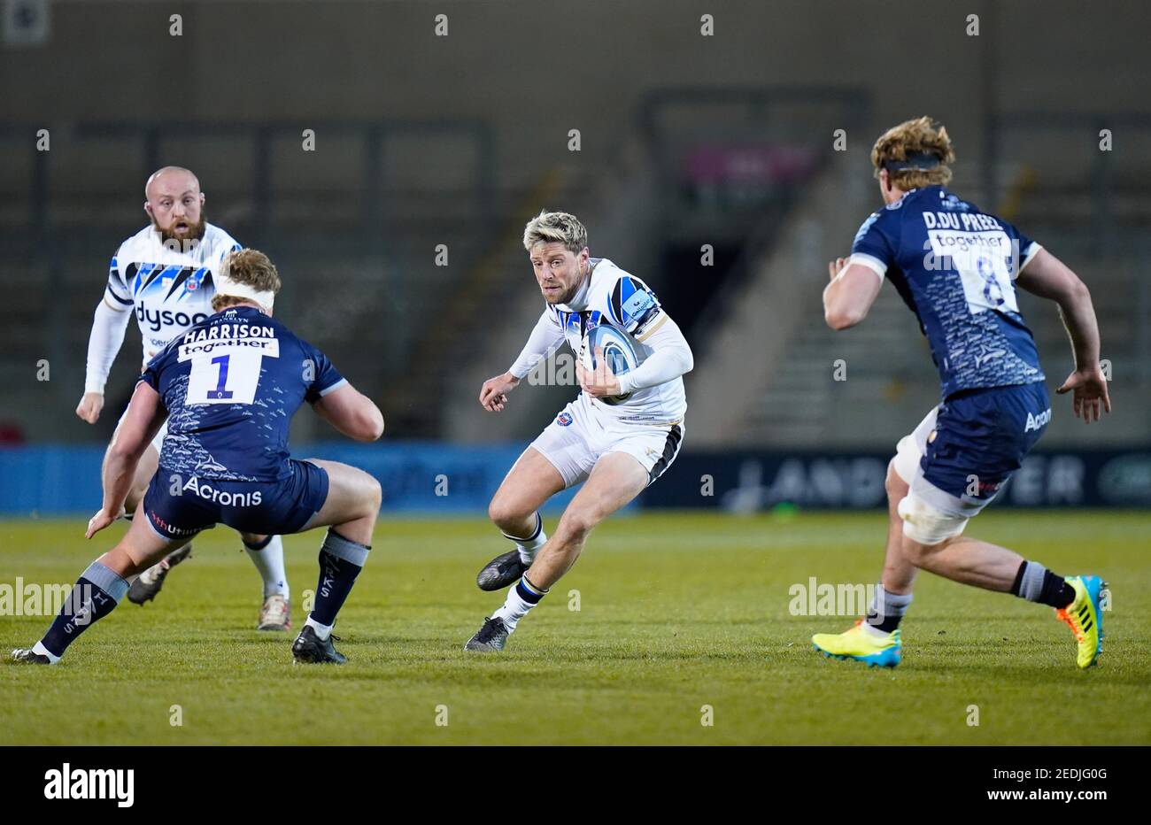 Sale Sharks prop Ross Harrison lines up to tackle Bath Rugby's fly-half ...