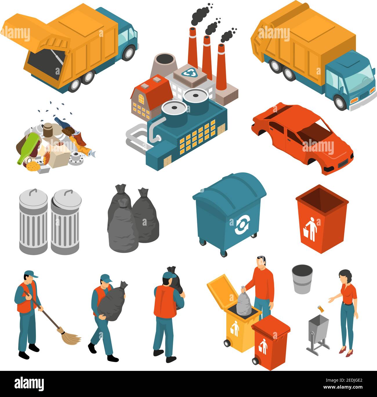 Isolated colored isometric garbage recycling icon set with garbage collectors and containers ...