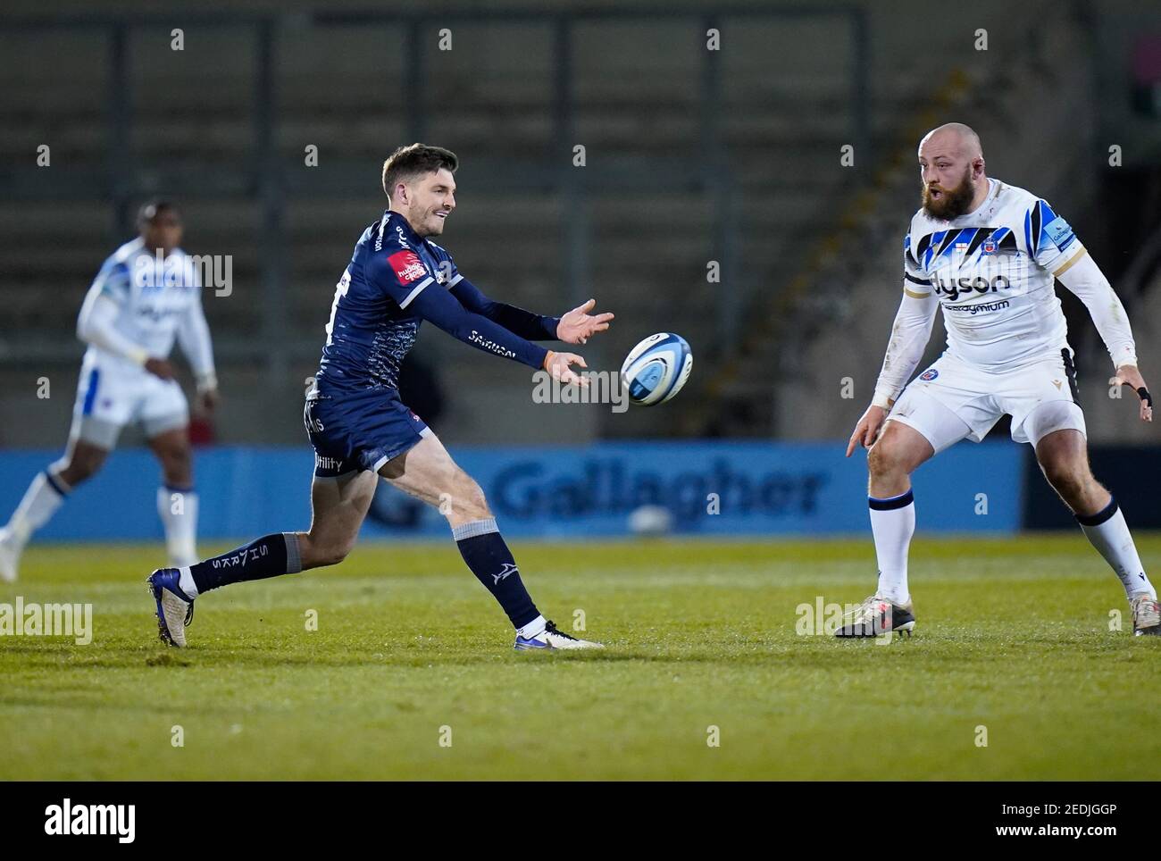 Sale Sharks scrum-half Will Cliff passes during a Gallagher Premiership ...