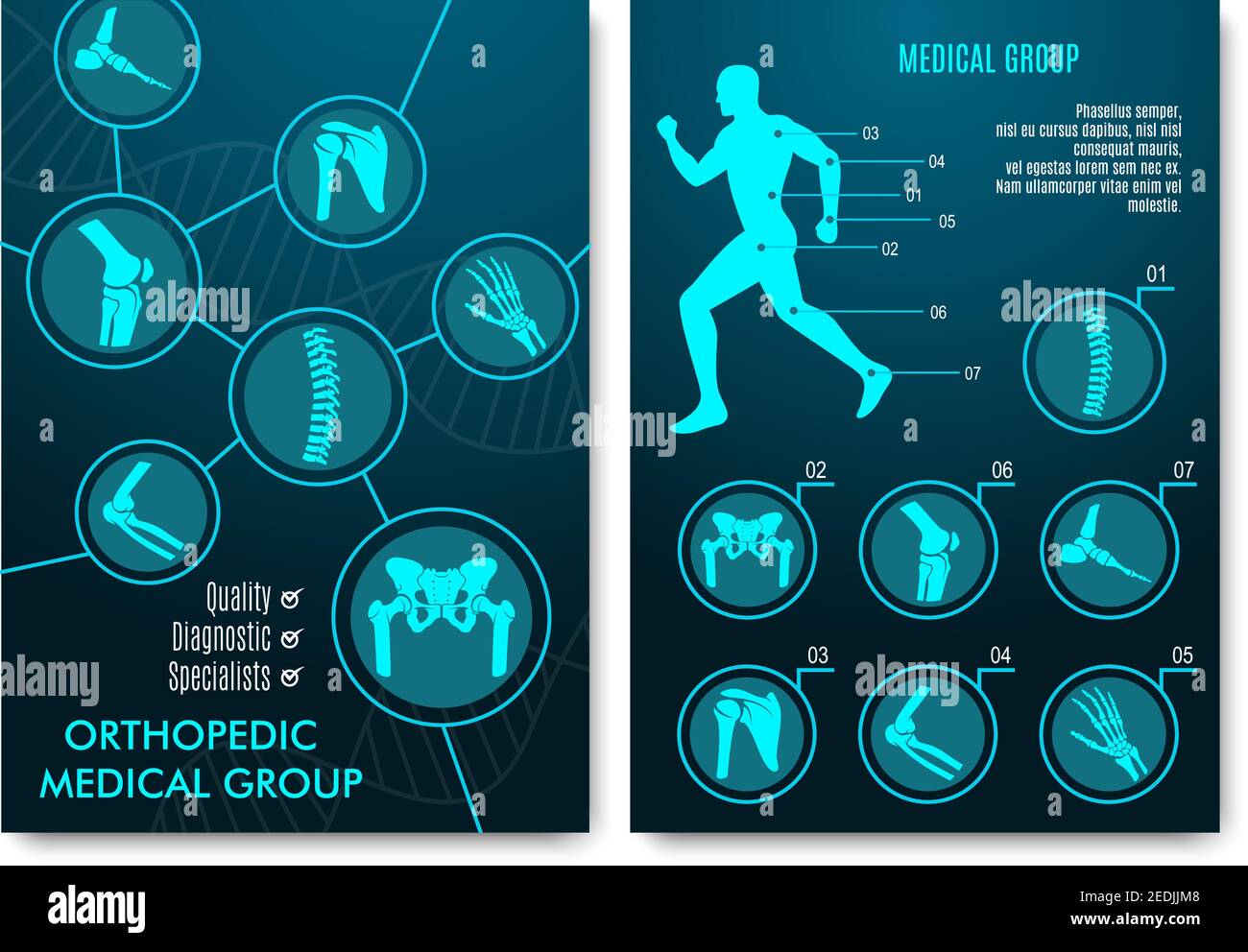 Medical infographic with orthopedic anatomy charts. Human silhouette in ...