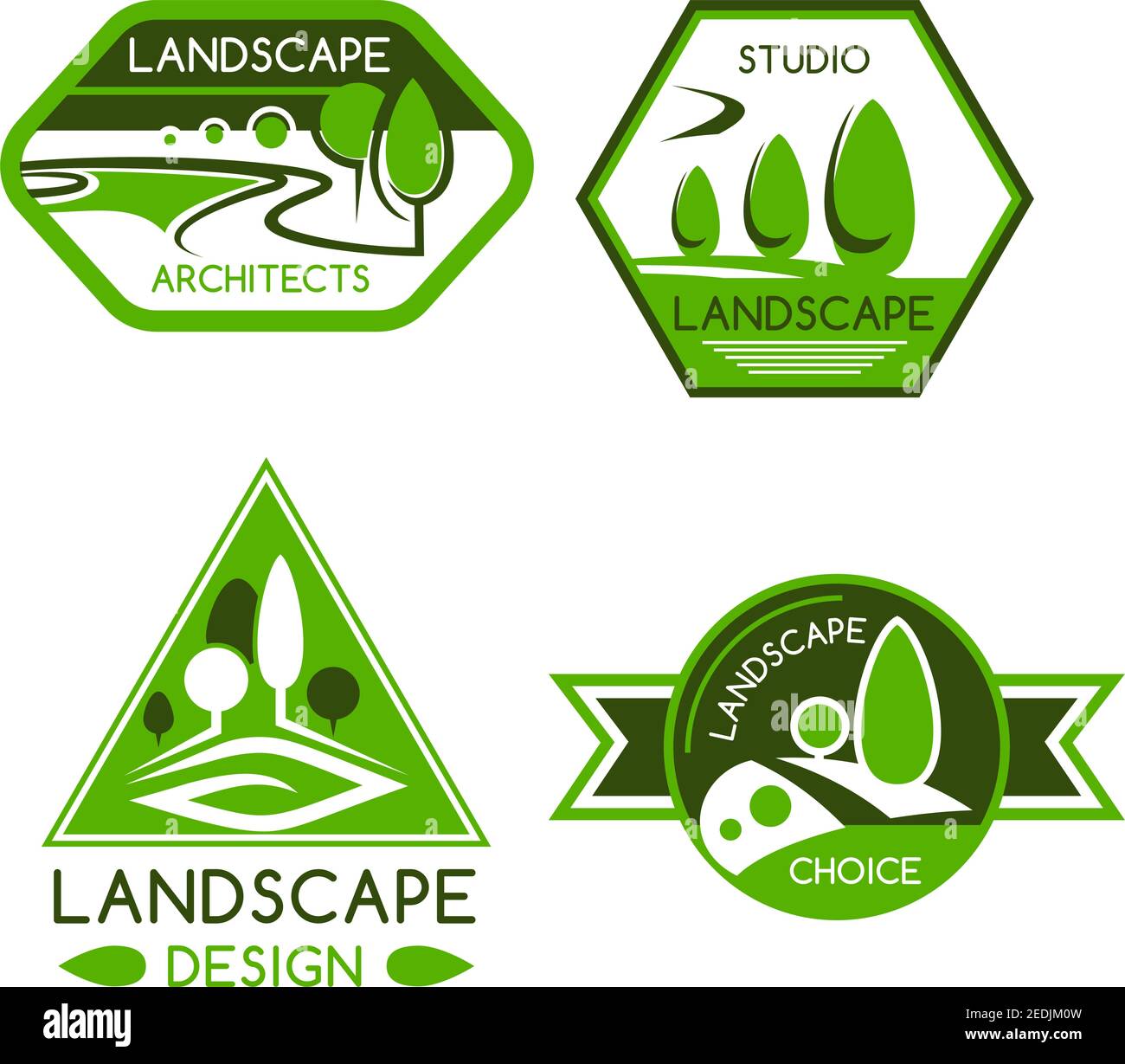 Nature emblem of green park and garden view with trees, plants, lawns ...
