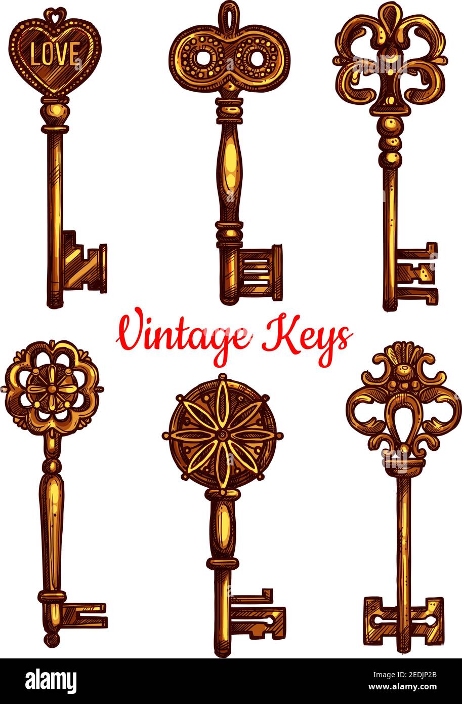 Vintage and old keys vector icons sketch. Set of metal brass or bronze ...