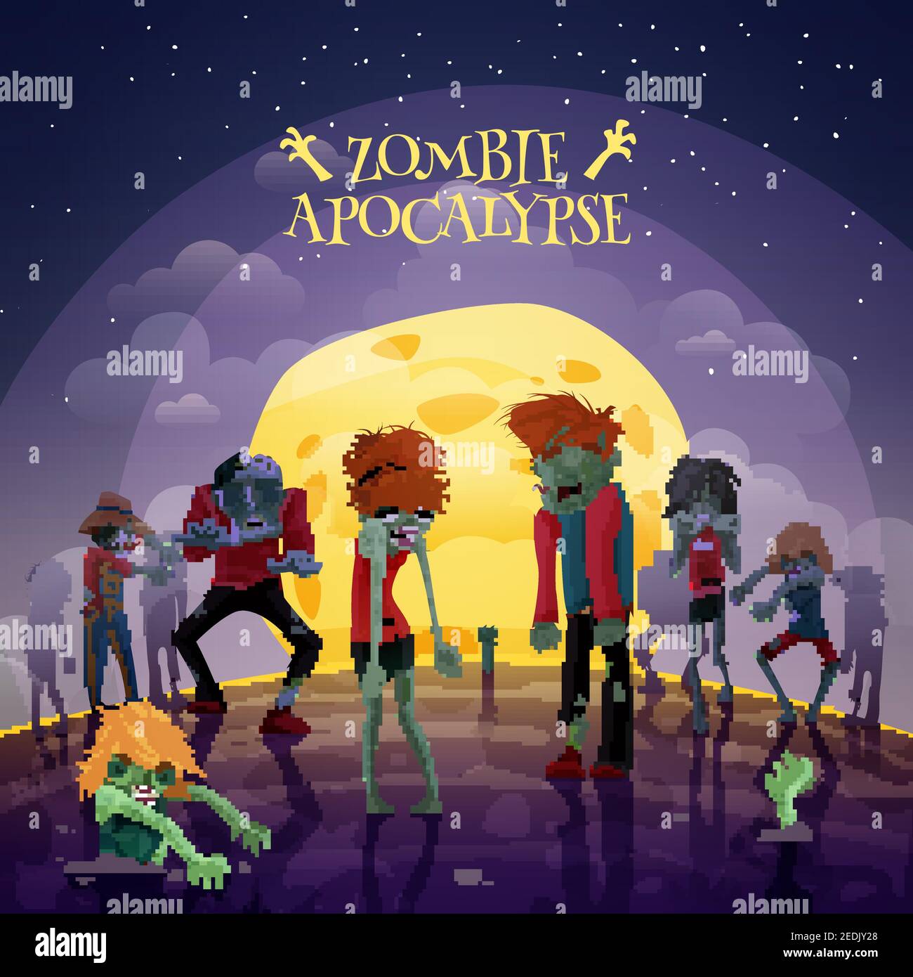 Zombie moonlight apocalypse cartoon background with moon sky and stars ...
