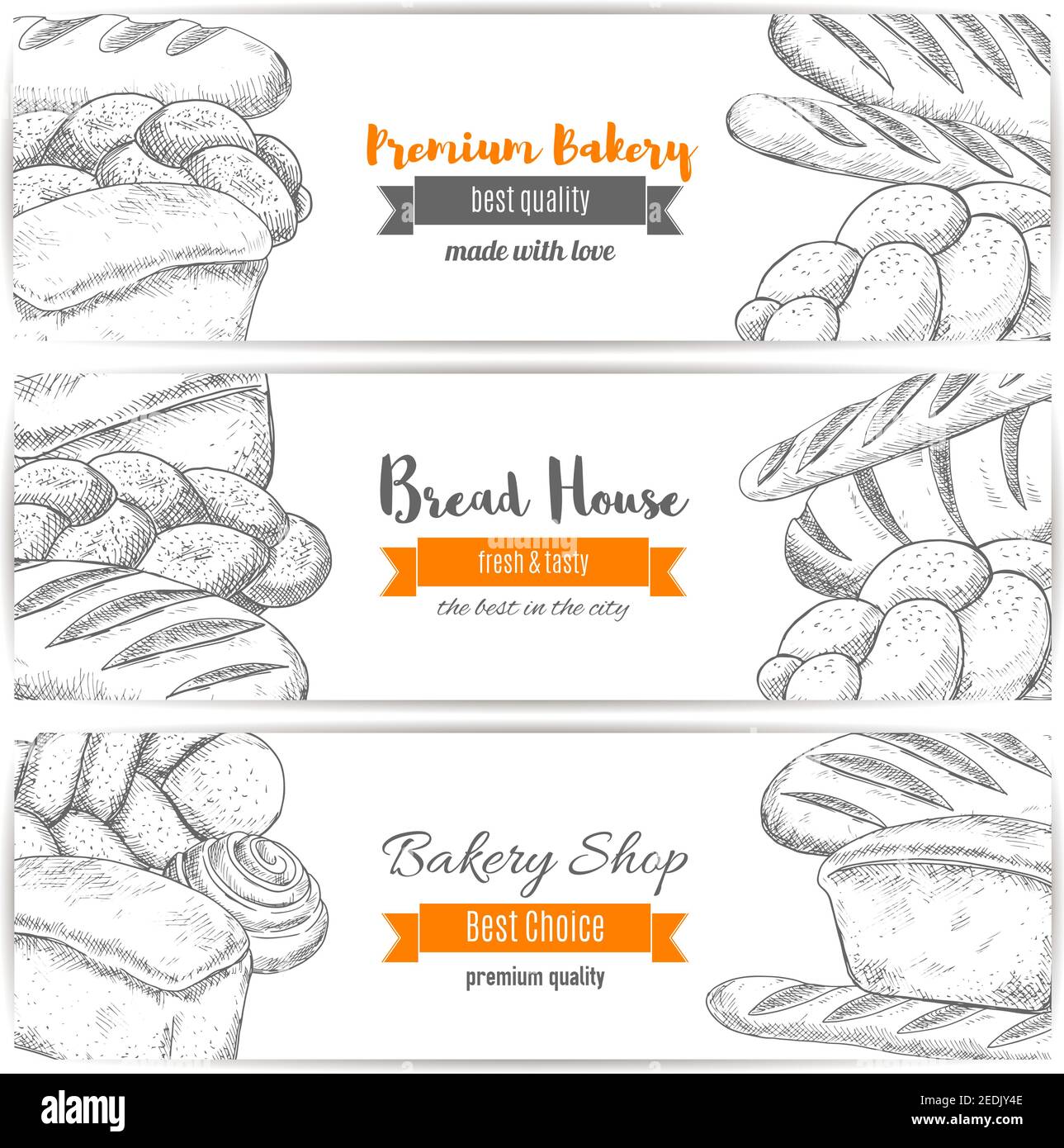 Bakery banners set. Bread sketch of wheat bagel, white wheat toast ...