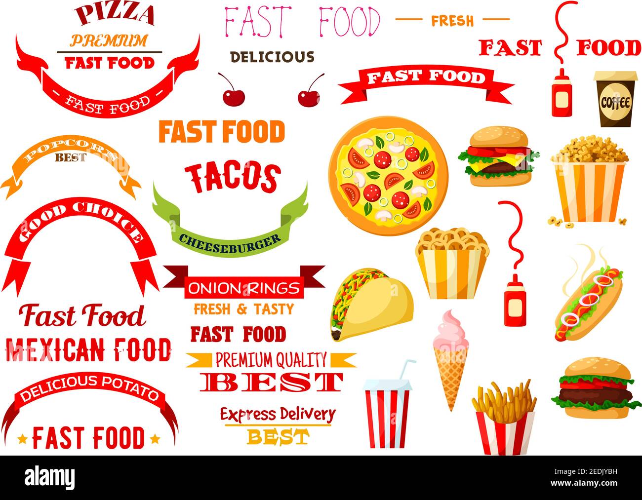Fast Food vector icons of cheeseburger burger and pizza, french fries ...