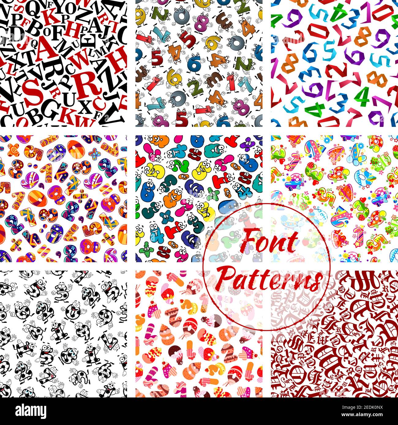 Font letters and numbers vector seamless patterns set. ABC alphabet of ...