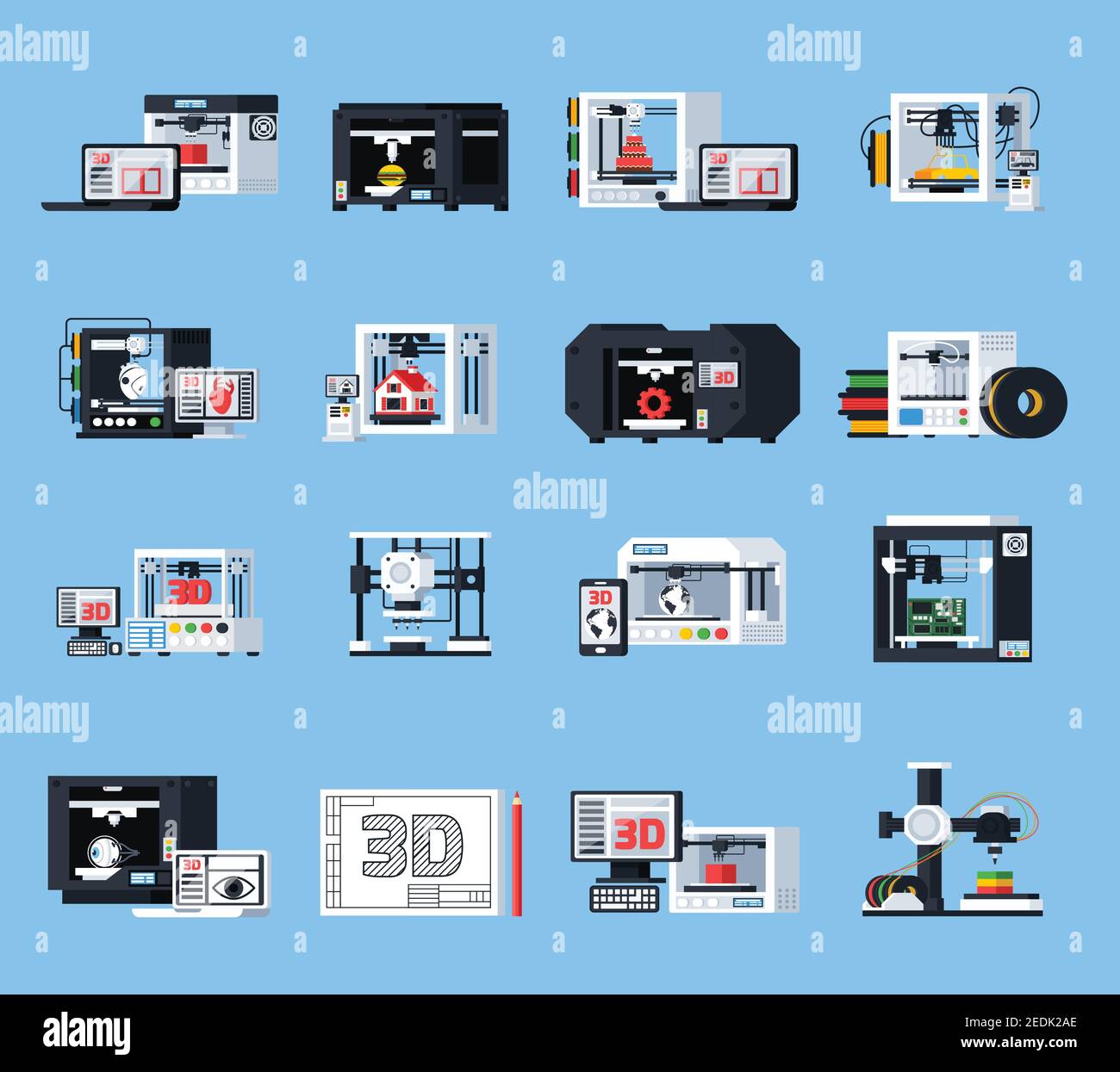 3D printing flat icons set of equipment for engineering modeling designing and printers of ...