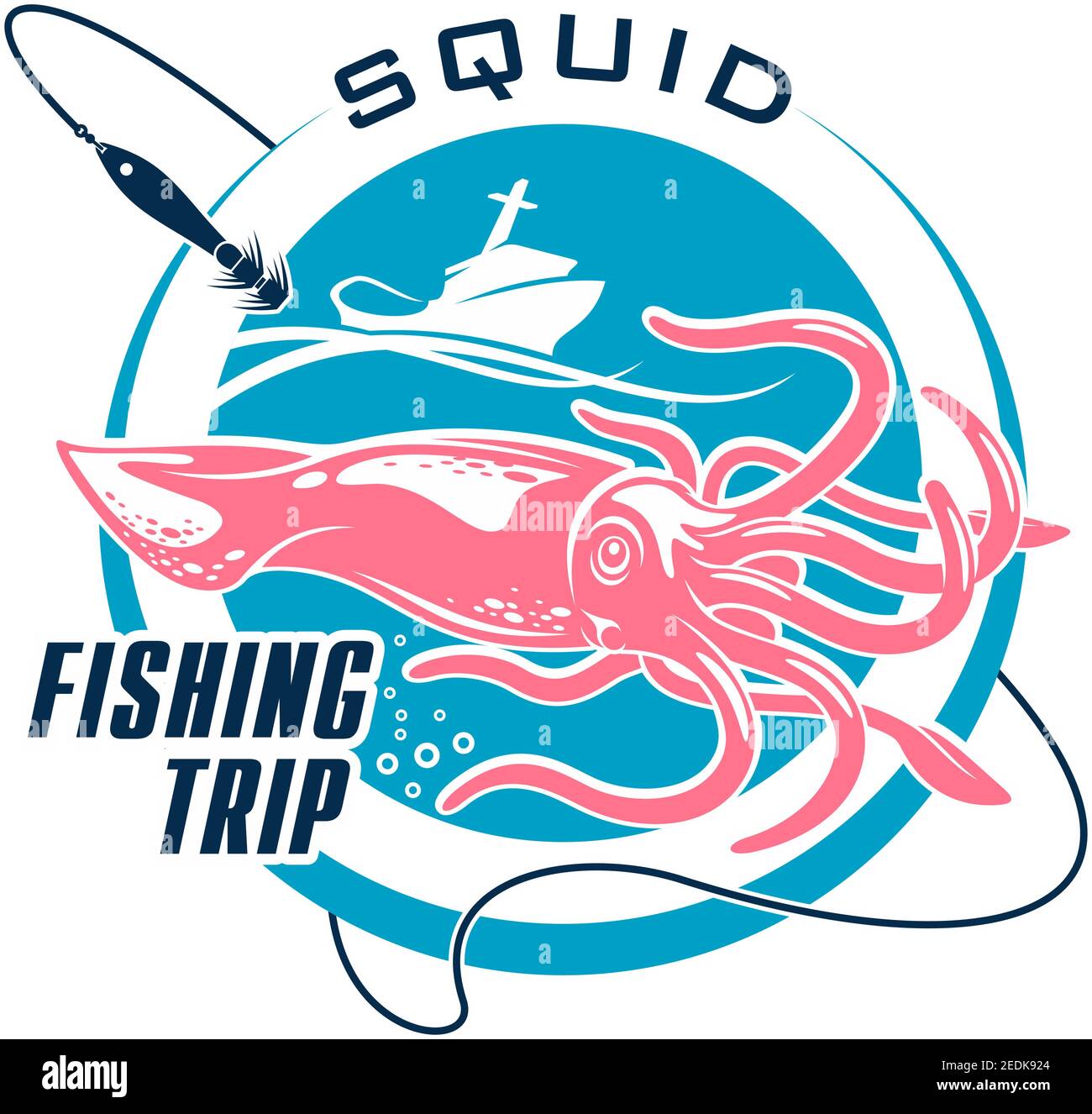 Sea fishing trip round badge. Big game fishing sport symbol with squid ...
