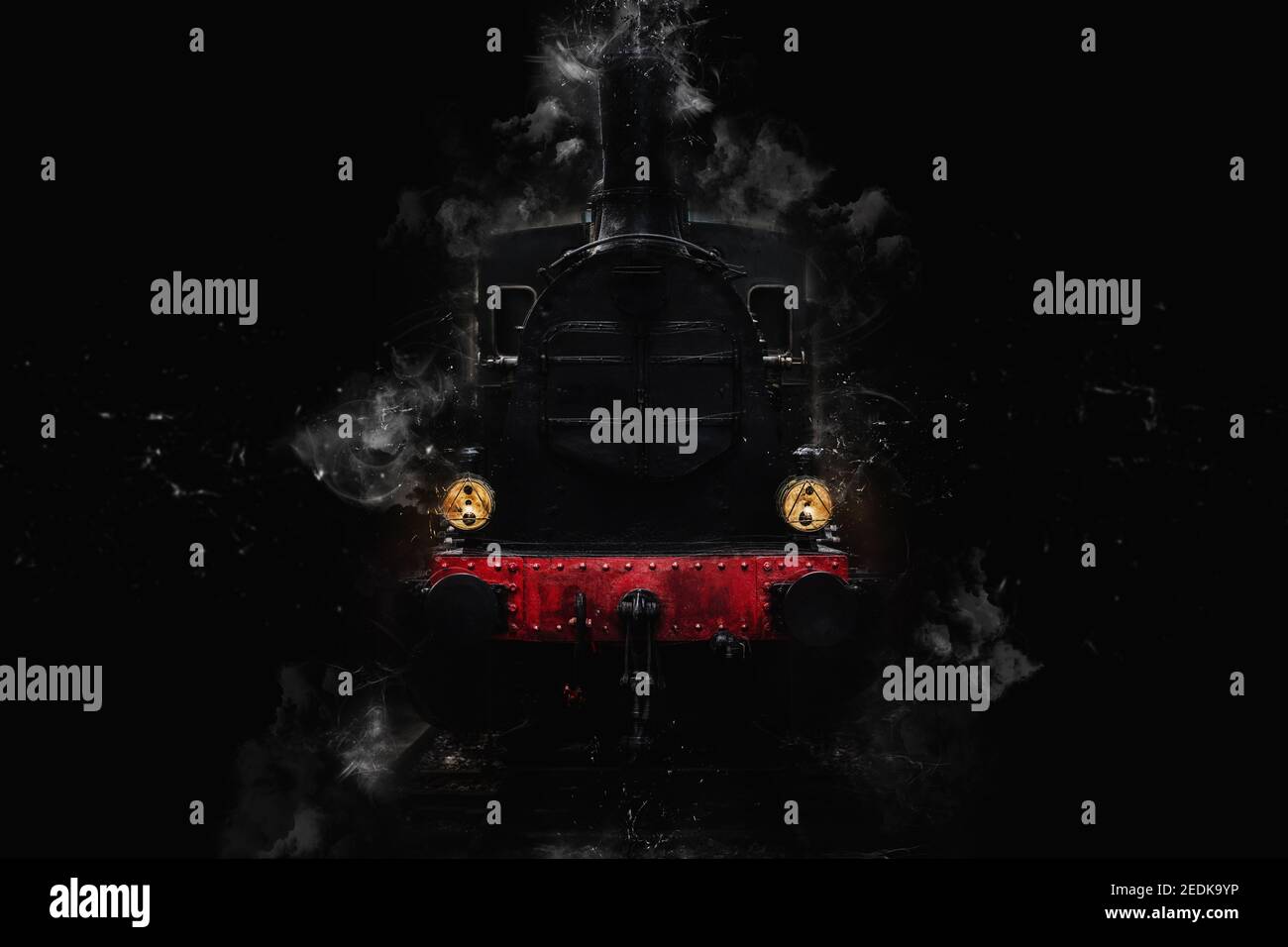 Old steam locomotive on black background Concept of power and ...