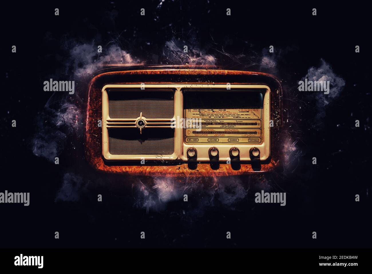 Old vintage radio on black background Concept of entertainment and ...