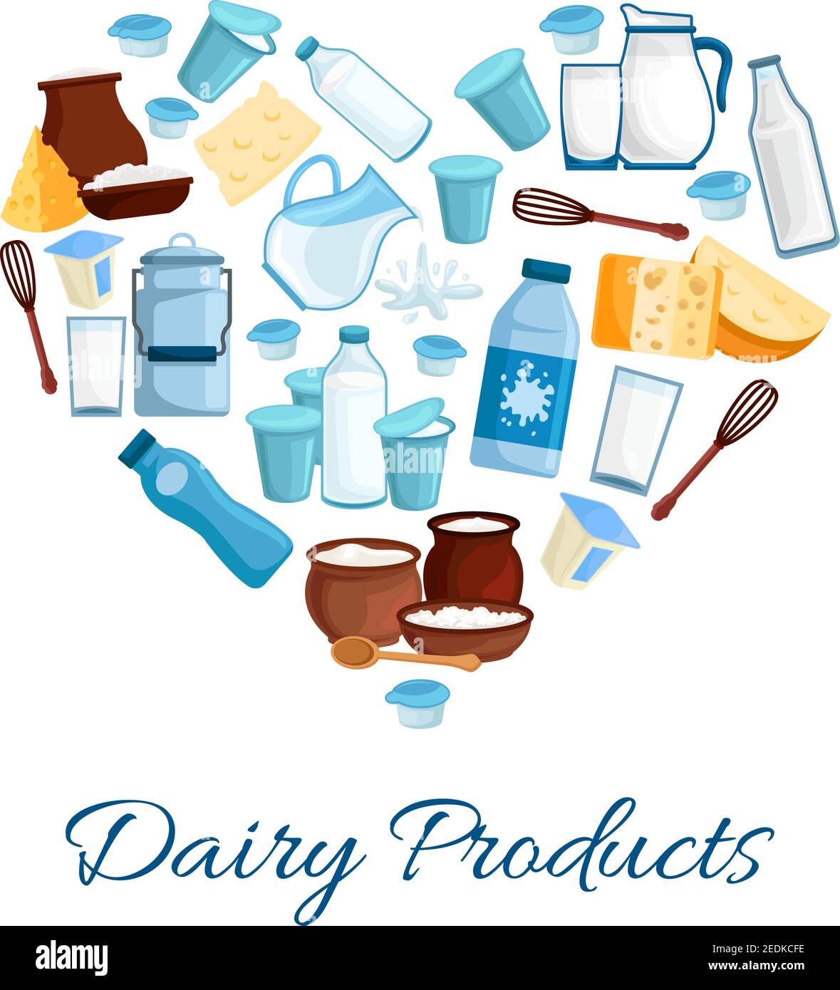 Heart composed of dairy products. Fresh farm milk, cheese, cream ...