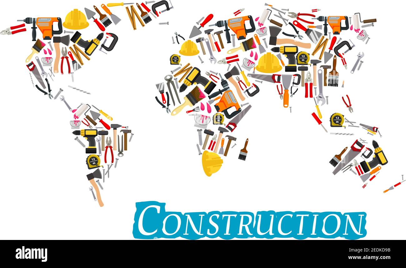 Work tools world map of vector repair hammer and saw, carpentry tape ...