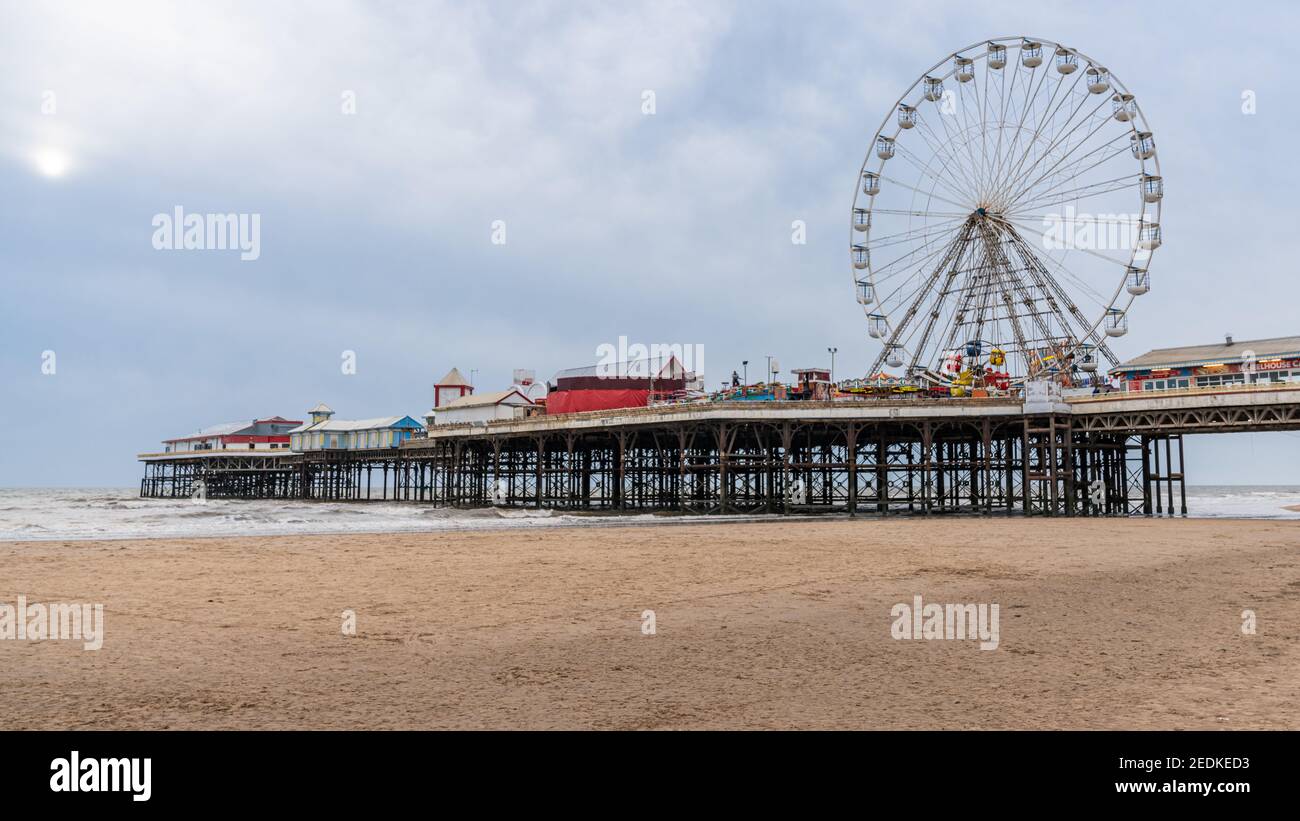 Blackpool, England, UK - April 28, 2019: View from the beach towards ...