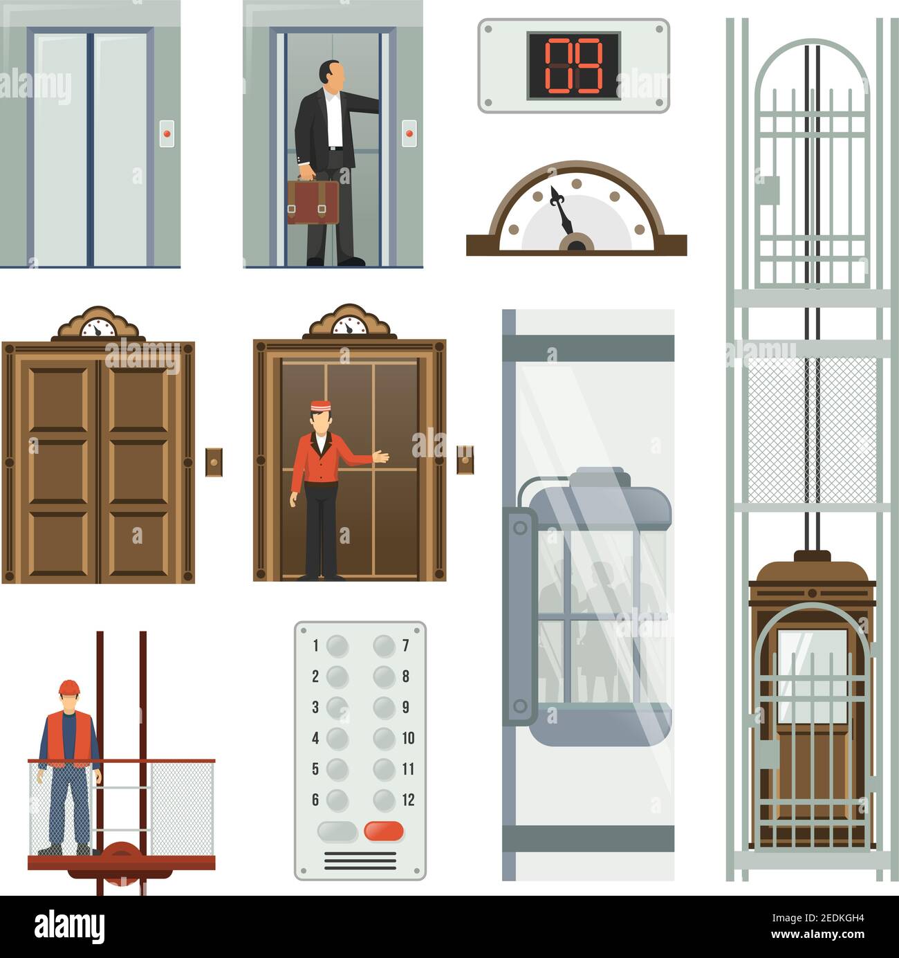 Colored isolated elevator icon set different types of elevators inside ...