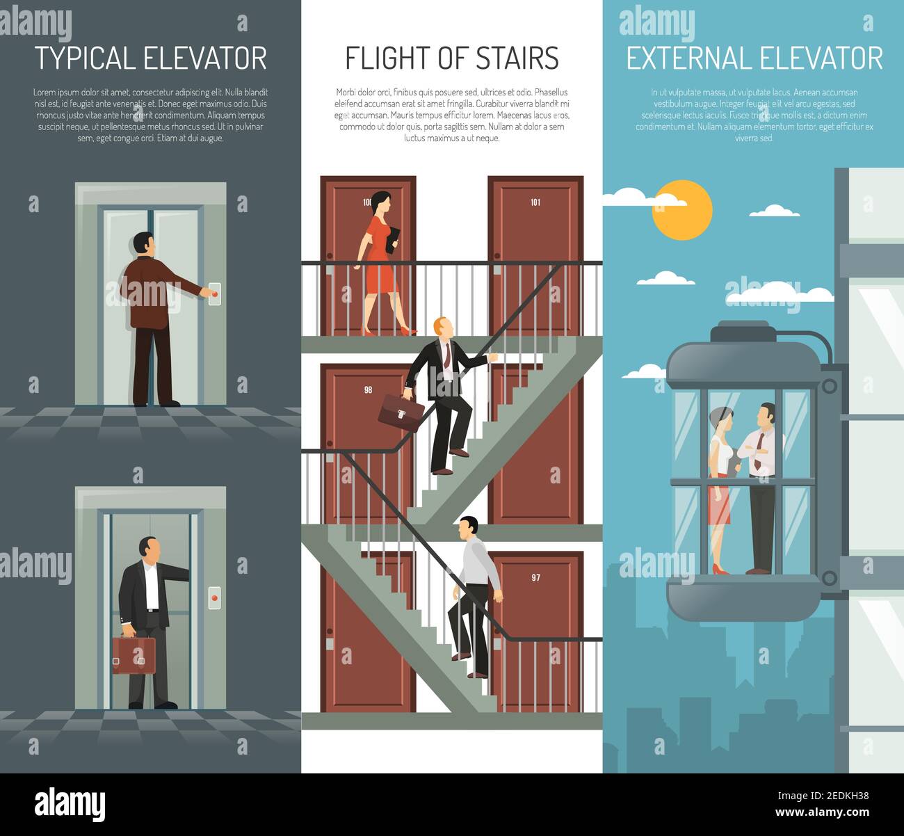 Three escalator stairs vertical banner set with typical elevator flight ...