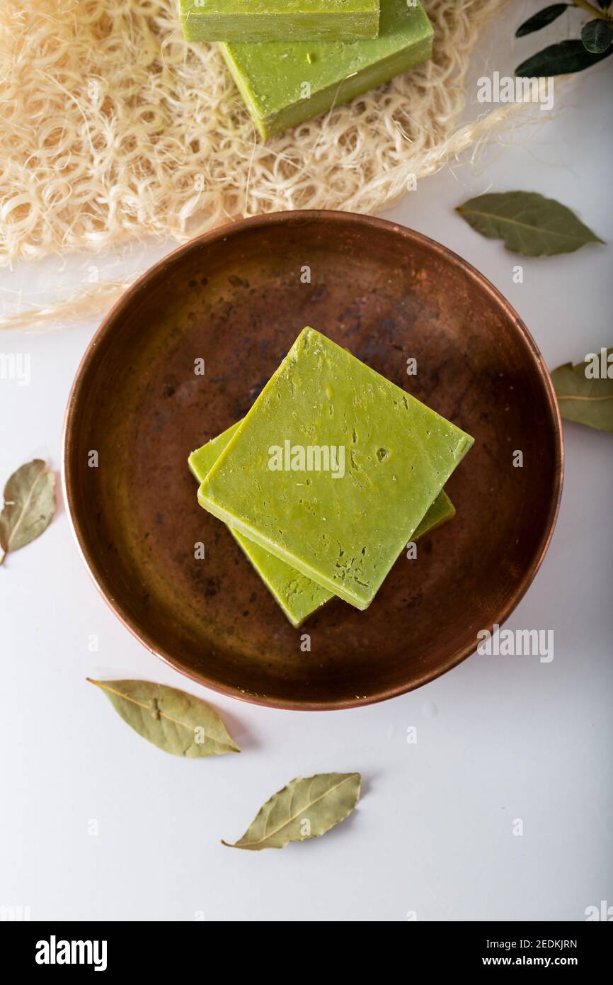 Organic natural handmade bay laurel soap with olive oil and leaves on ...