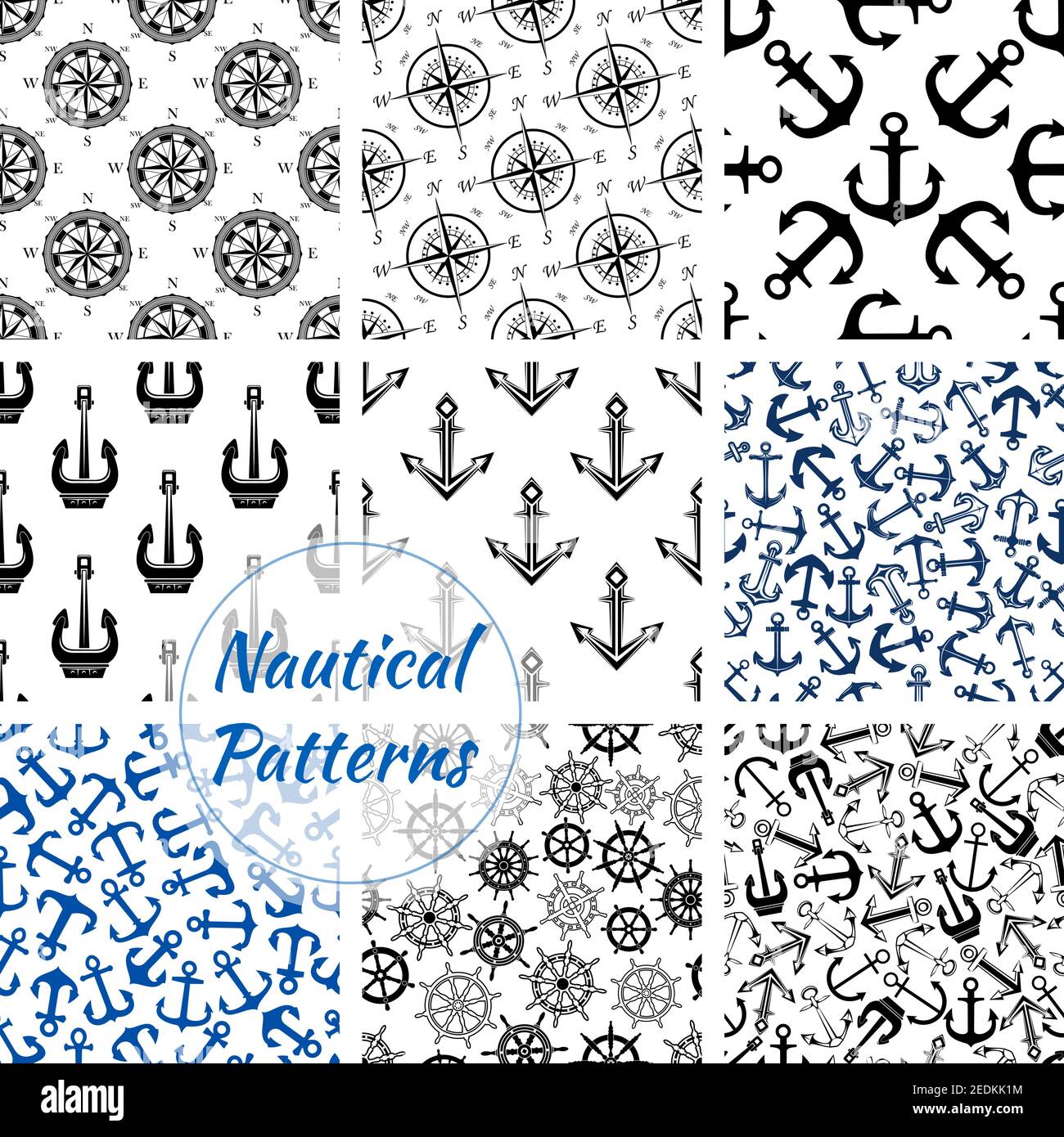 Marine anchor, helm, compass rose seamless pattern background. Nautical ...