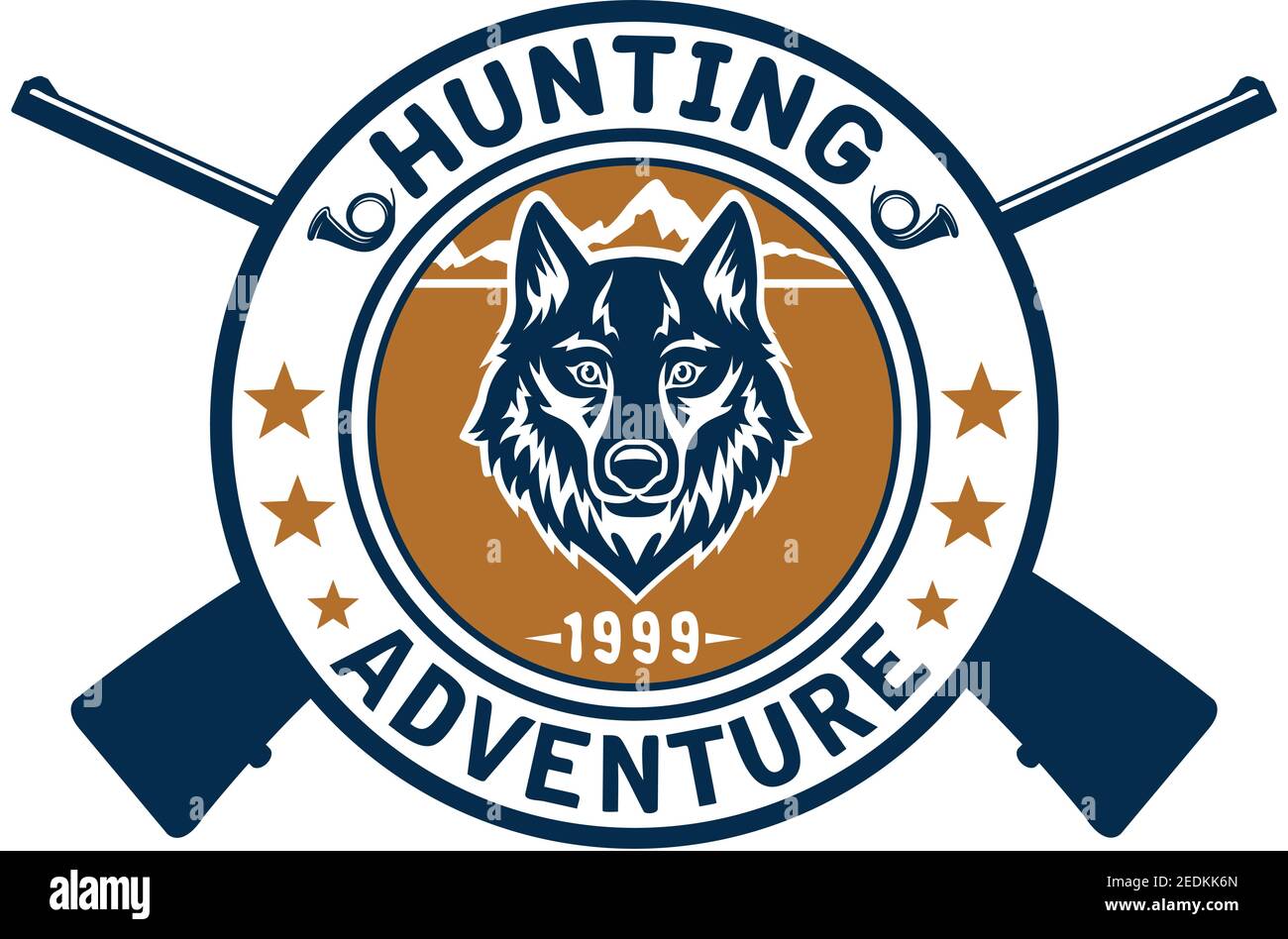 Hunting adventure icon or hunter club round emblem of vector wild wolf ...
