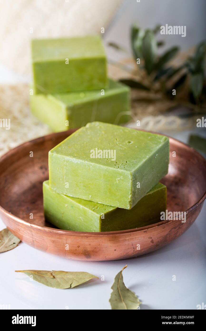 Organic natural handmade bay laurel soap with olive oil and leaves on ...