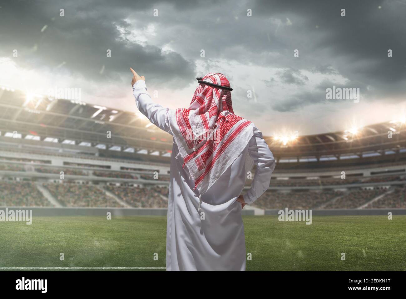Arabian businessman back view standing on his stadium during sport ...