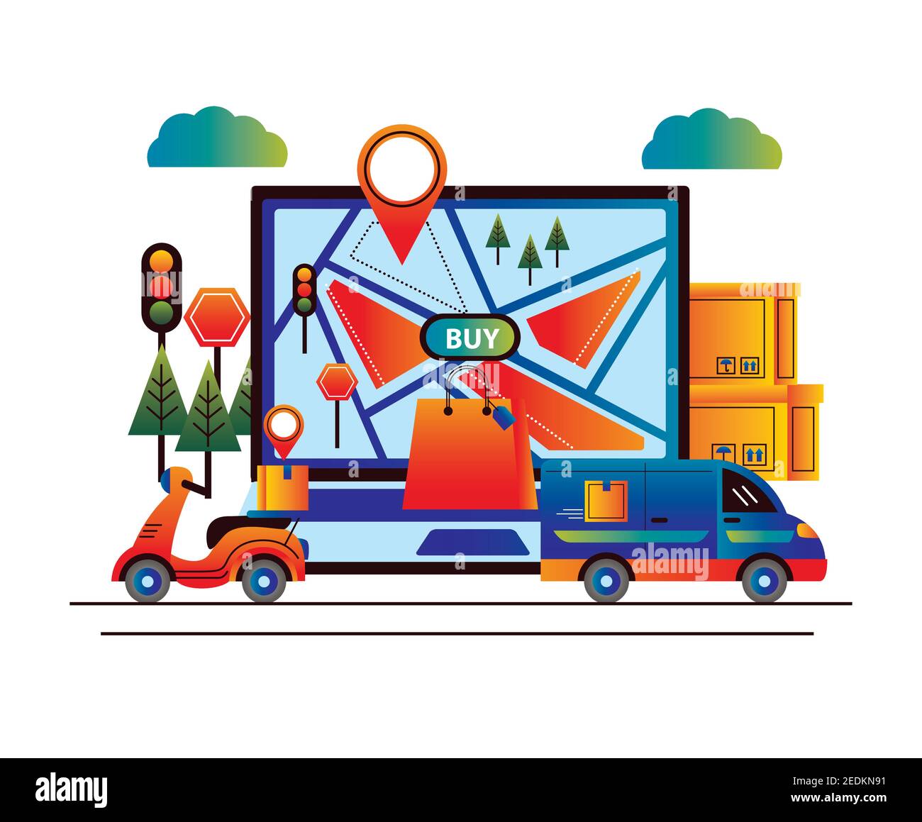 online delivery service technology with laptop and vehicles vector ...