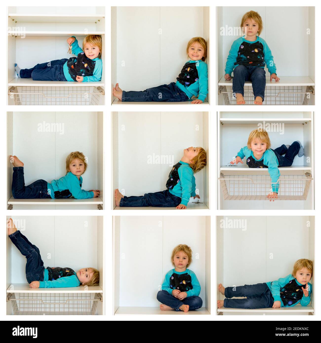 Cute child, sit in a white box in open wardrope, making funny faces ...