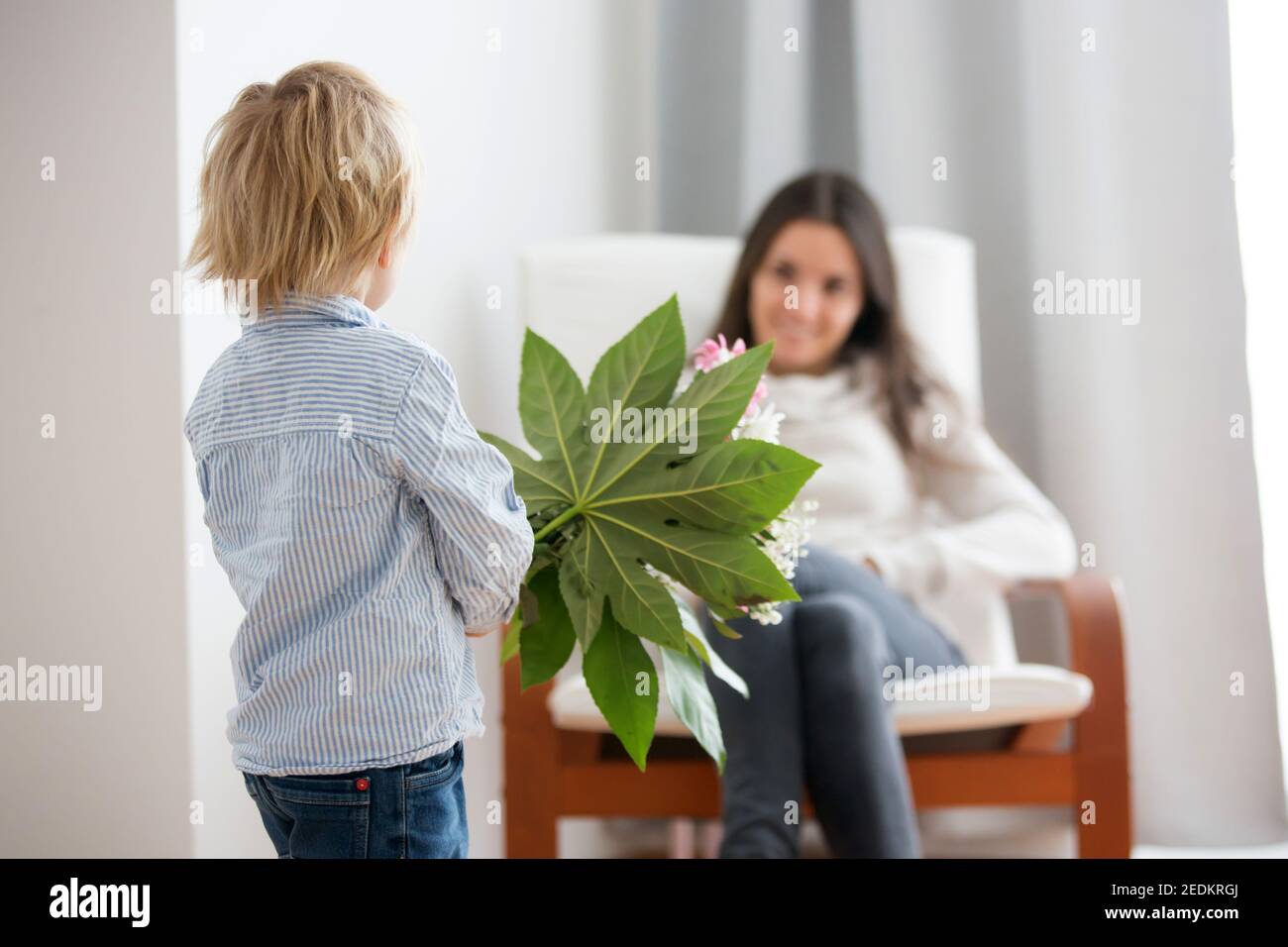 Beautiful blond boy, giving mother flowers and box with little gift for ...