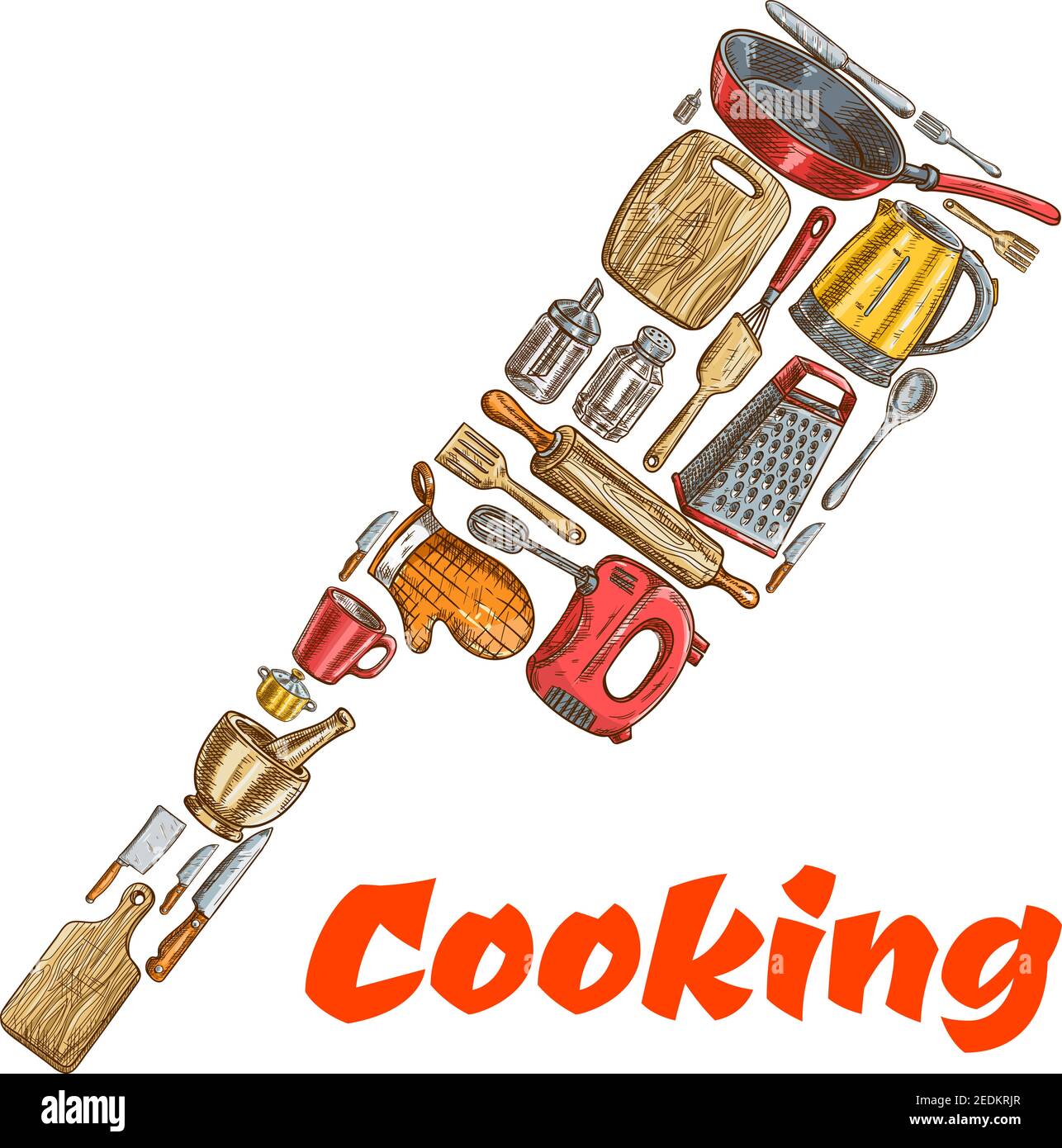 Kitchen ax hatchet emblem made of cooking utensils. Vector sketch ...