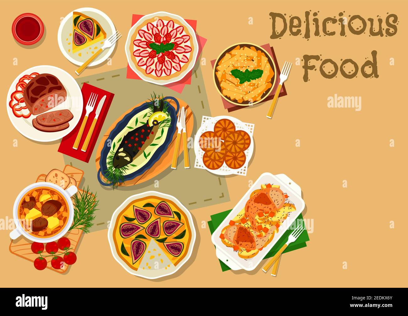 Tatar cuisine dinner with dessert icon of baked chicken and lamb ...