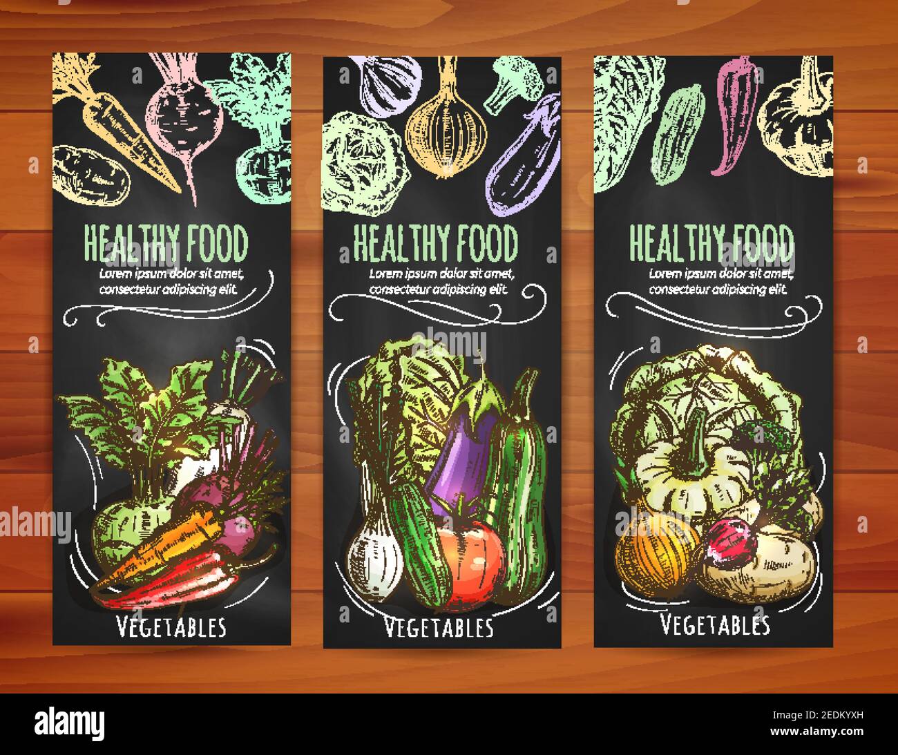Vegetables banners set. Vegetarian healthy veggies sketched on ...