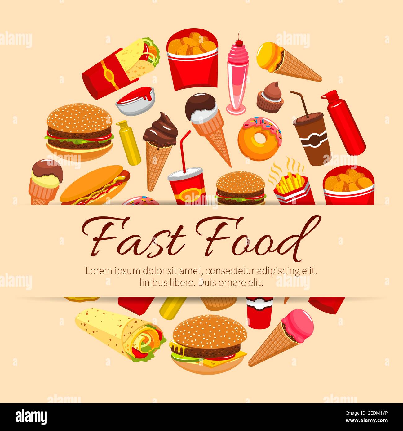 Fast food vector poster of burgers, sandwiches and desserts, hot dog ...