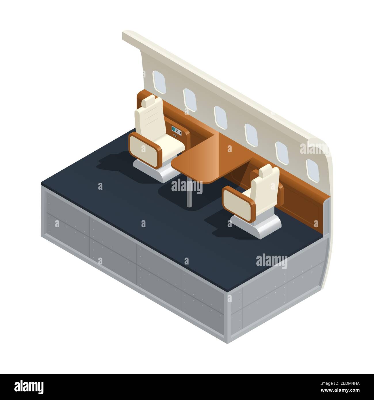 Colored airplane interior isometric composition with furniture and ...