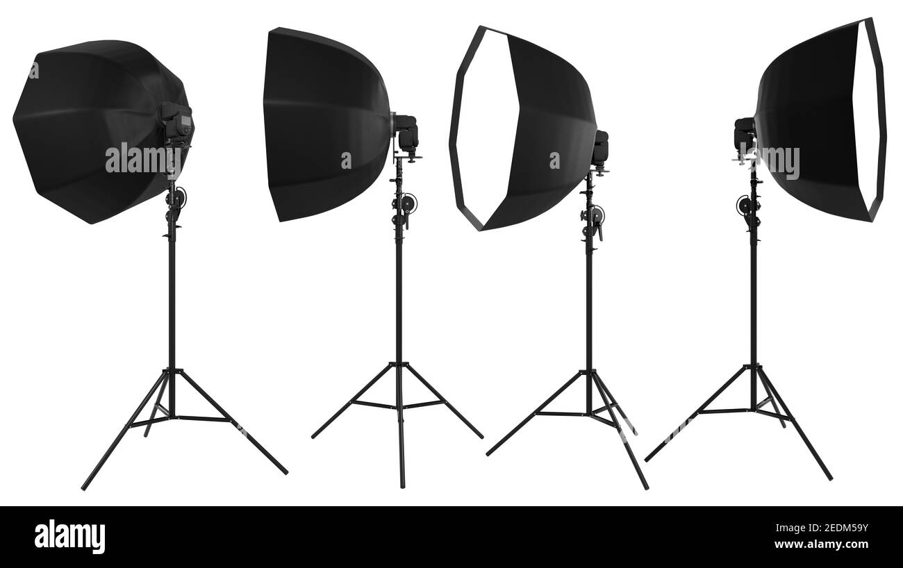 Photo studio lighting stands with flash and octobox isolated on the ...
