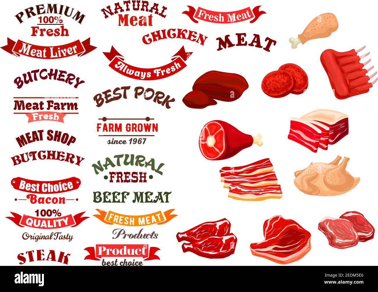 Meat products icons set and vector isolated ribbon banners for butchery ...