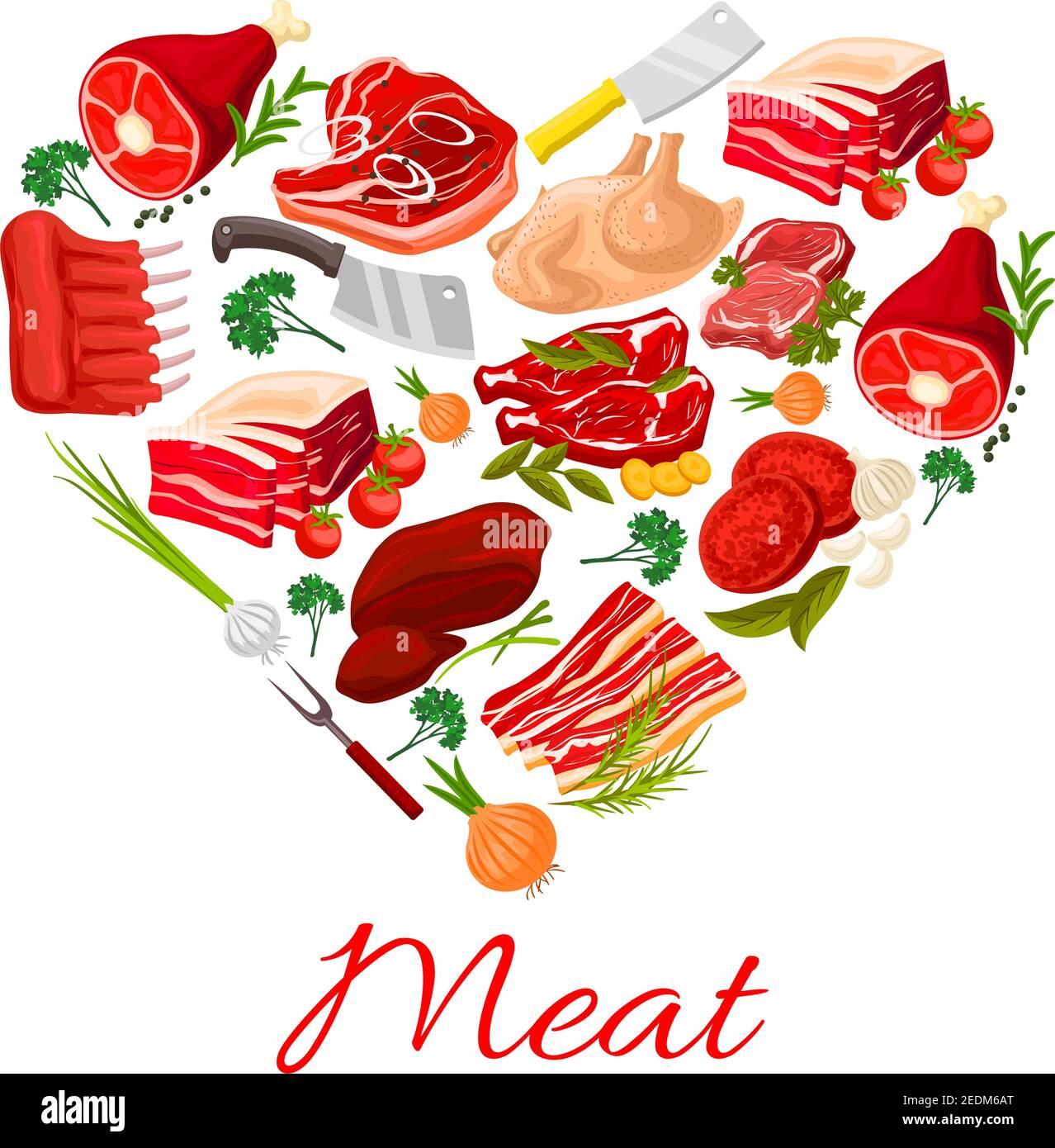 Meat heart poster of vector butchery products pork tenderloin or bacon ...