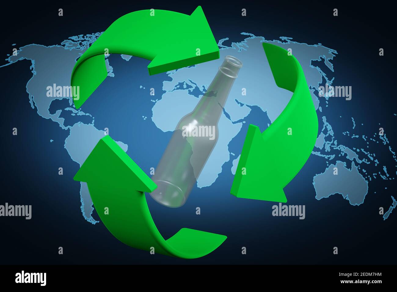 3D illustration. Ecology. Recycling. Recycling symbol rotates around a ...