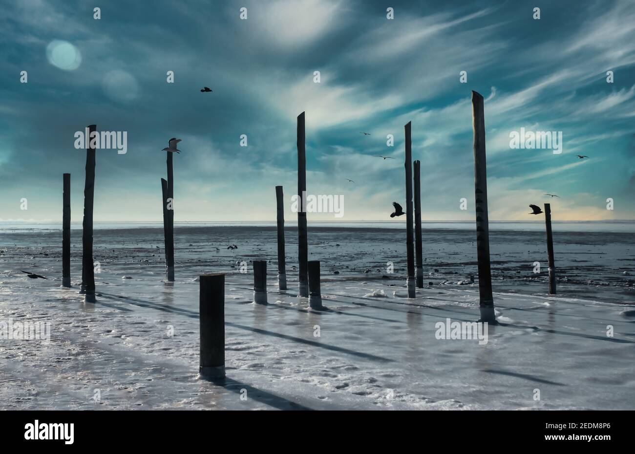 Poles on Hjerting public beach promenade in Esbjerg, Denmark Stock ...