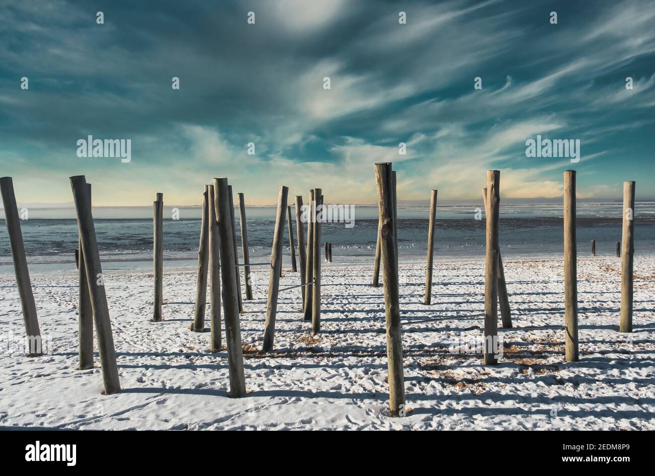 Poles on Hjerting public beach promenade in Esbjerg, Denmark Stock ...