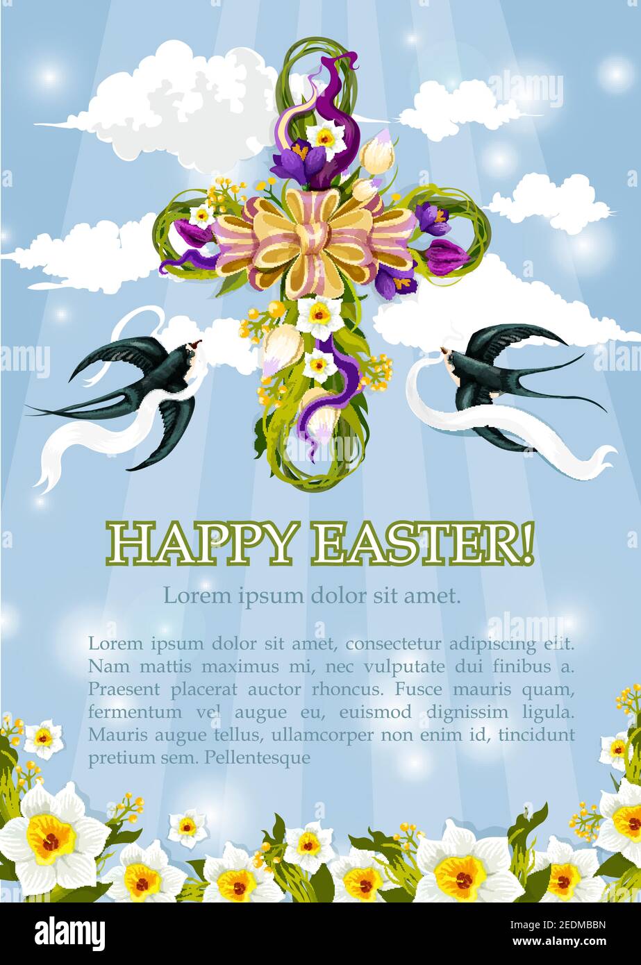 Happy Easter poster with crucifix cross decorated by floral wreath and ...