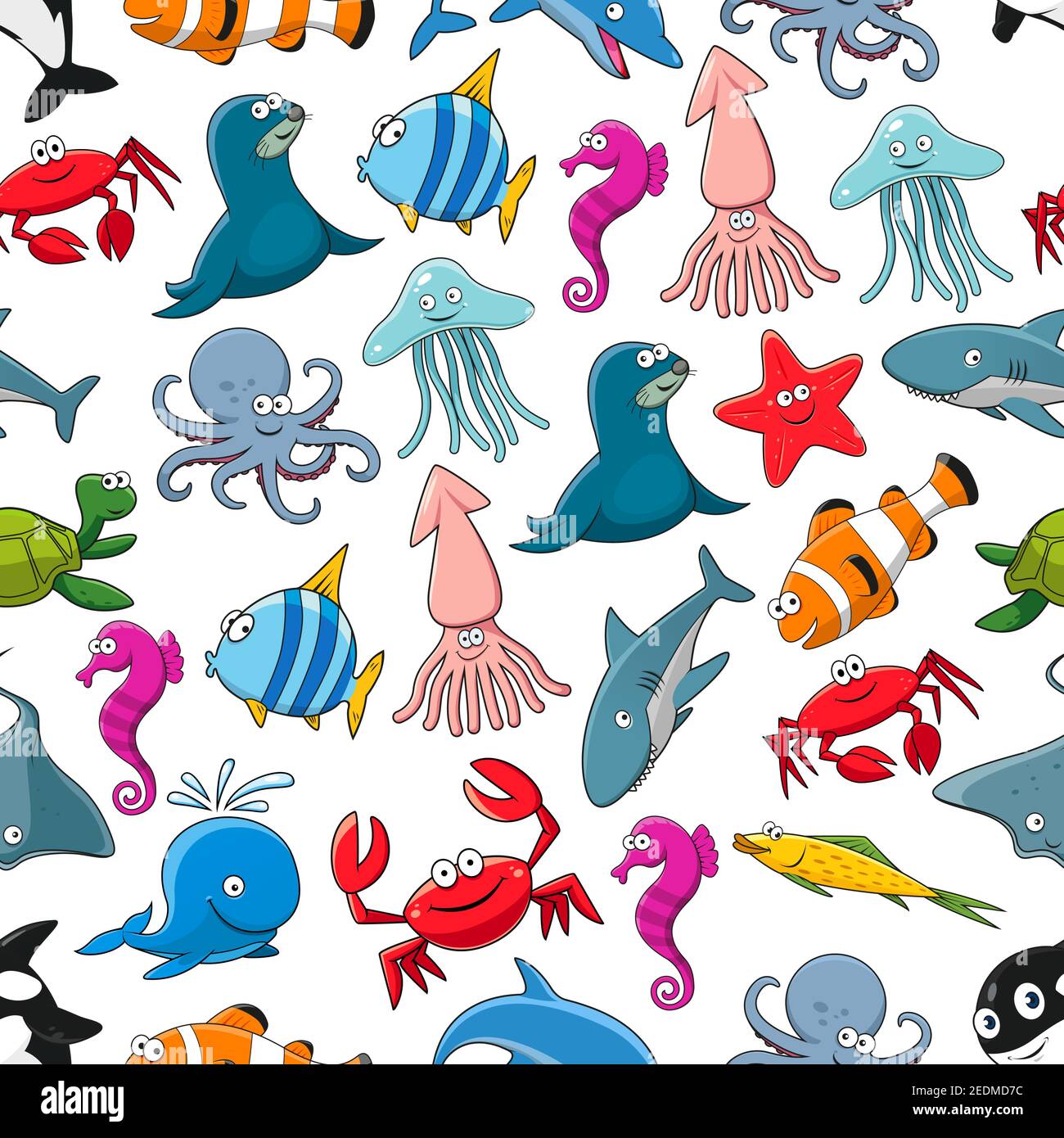 Fishes and ocean and sea animals vector seamless pattern of seal and ...