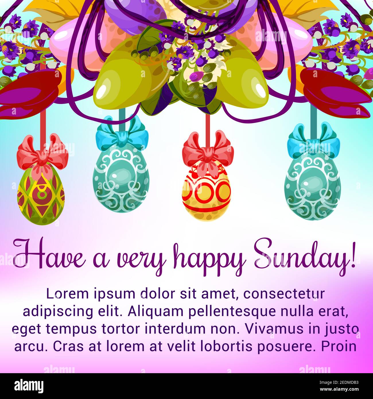 Easter Sunday greetings festive card. Easter eggs hanging on floral ...
