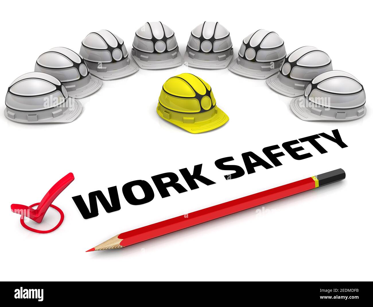 Work safety. One red check mark with black text WORK SAFETY, red pencil ...